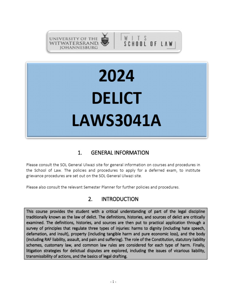 Delict Course Outline 2024 | PDF | Common Law | Causation (Law)