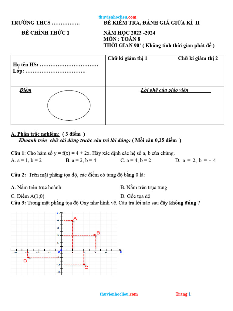 Ktra Giữa Kì 2 Đề 1 Toán 8 | PDF