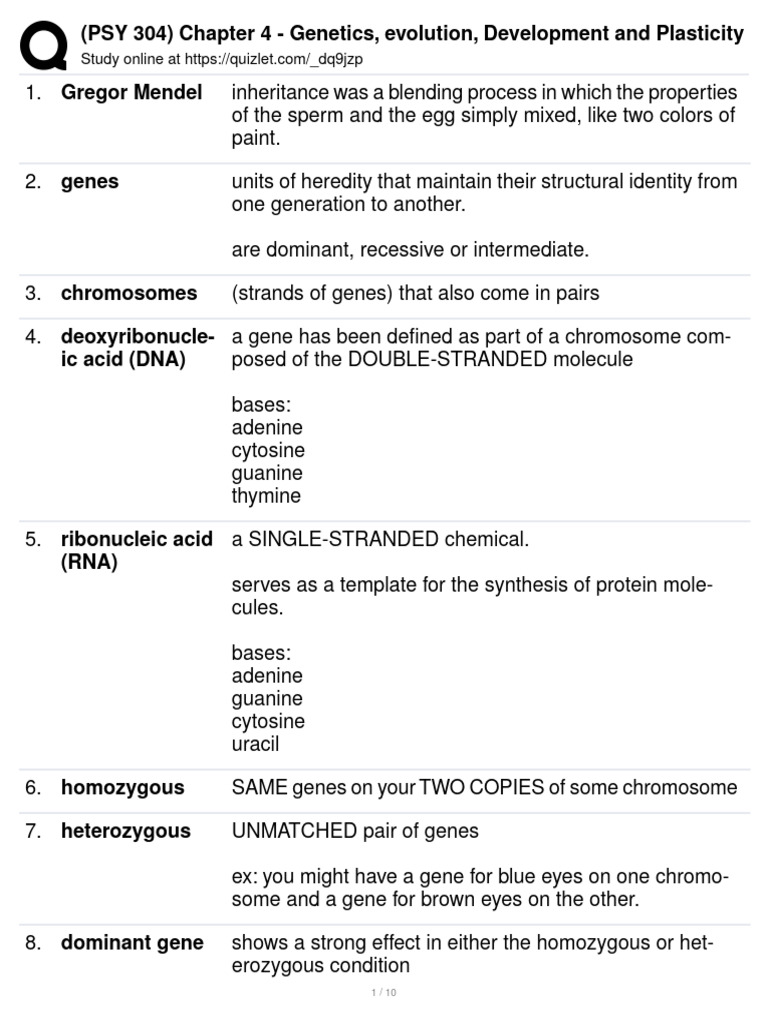 (PSY 304) Chapter 4 - Genetics, Evolution, Development and Plasticity | PDF | Gene | Dominance ...