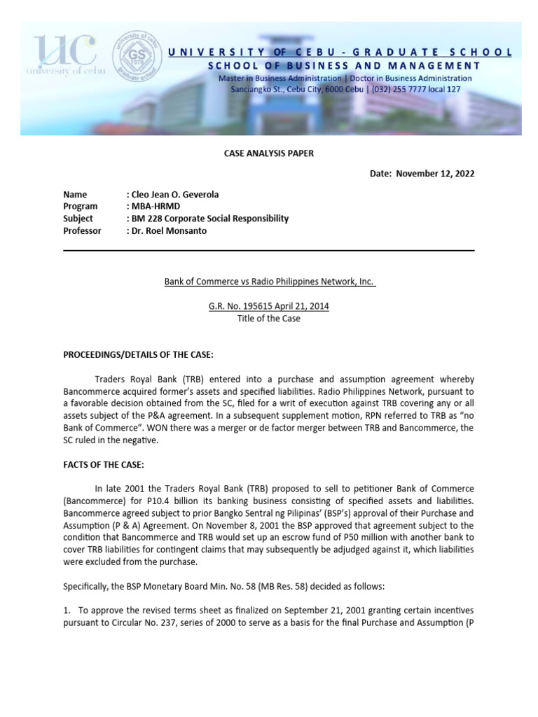 03 Case Analysis Paper - Geverola, Cleo Jean O. | PDF | Mergers And ...