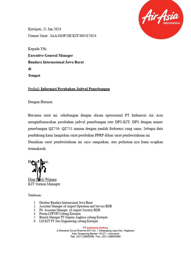 Surat Pemberitahuan Pembatalan Penerbangan - Jan 2024 | PDF