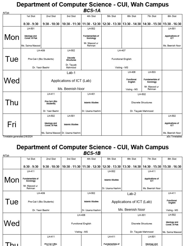 CS Timetable For SP-24 (Class Wise) (Final) From 12-2 | PDF | Physical Sciences | Computing