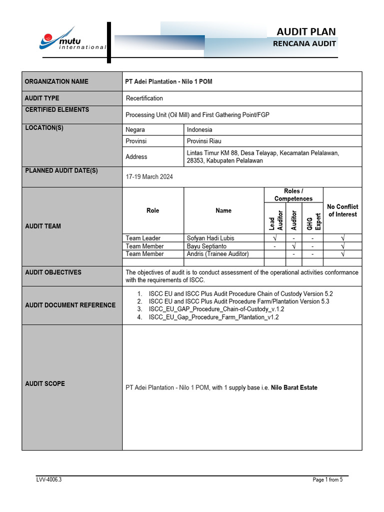 Audit Plan ISCC - FGP & Oil Mill - PT Adei Plantation - Nilo 1 POM - To ...