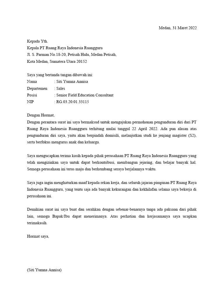 Surat Resign - Siti Yumna Annisa | PDF