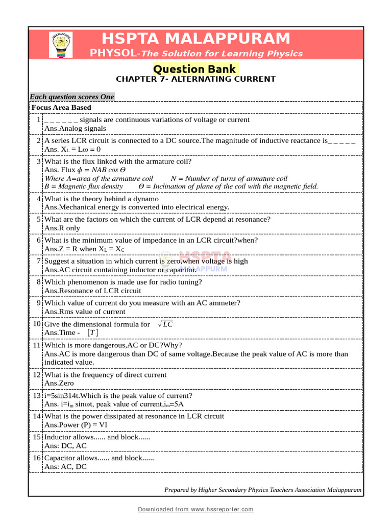 HSPTA +2 Phy Chapter-7 QB-Final-Alternating Current-Hssreporter | Download Free PDF ...