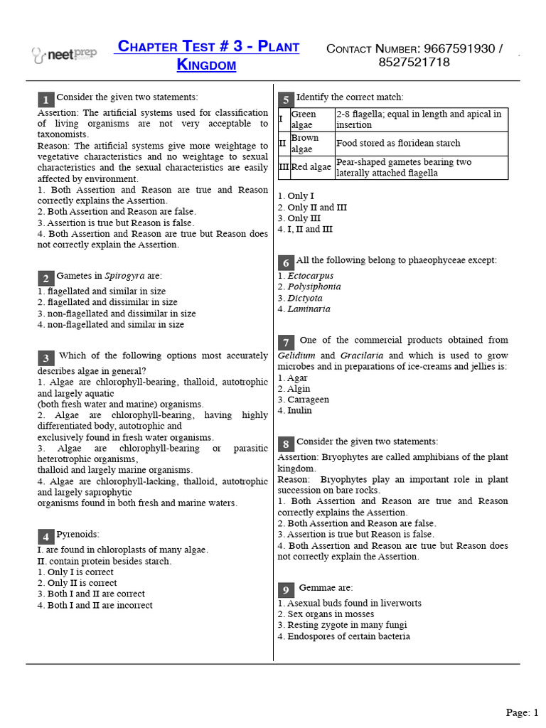 Chapter Test # 3 - Plant Kingdom | Download Free PDF | Plants ...