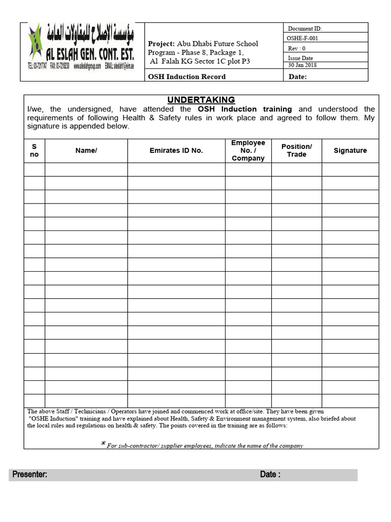 OSHE-F-01, OSHE Induction Record | PDF | Occupational Safety And Health ...
