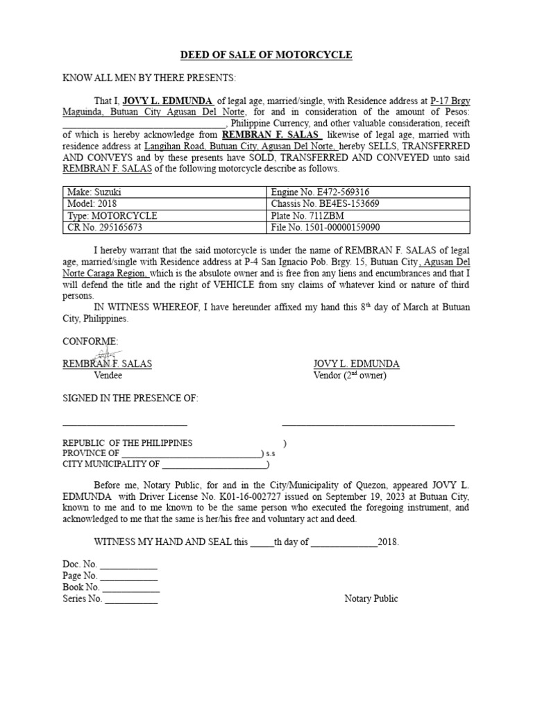 Deed of Sale of Motorcycle | PDF | Property Law | Motor Vehicle