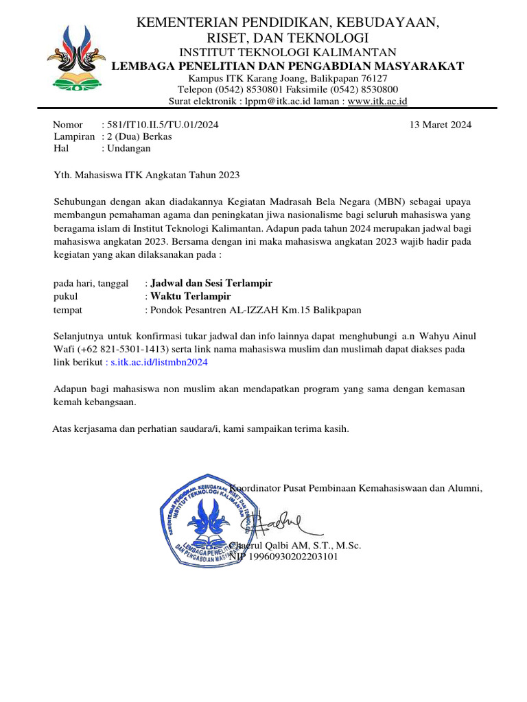 581 - Undangan Kegiatan Madrasah Bela Negara (MBN) Muslim Dan Muslimah ITK | PDF