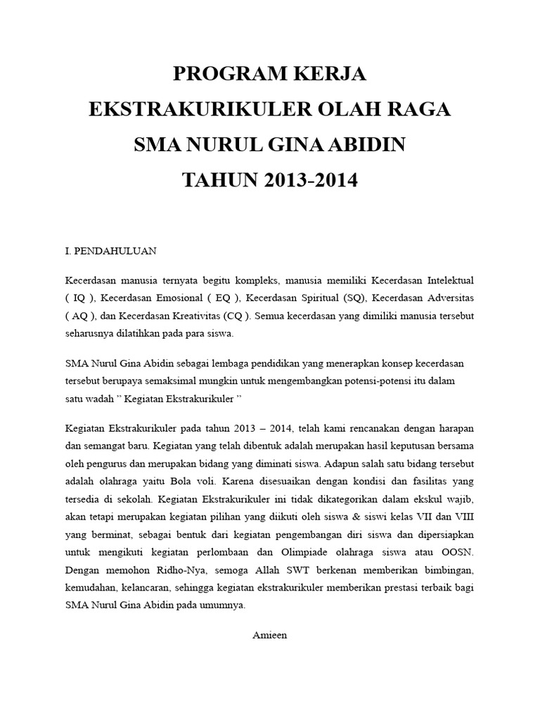 Program Kerja Ekstrakurikuler Olahraga Sma Nurul Gina Abidin Tahun | PDF