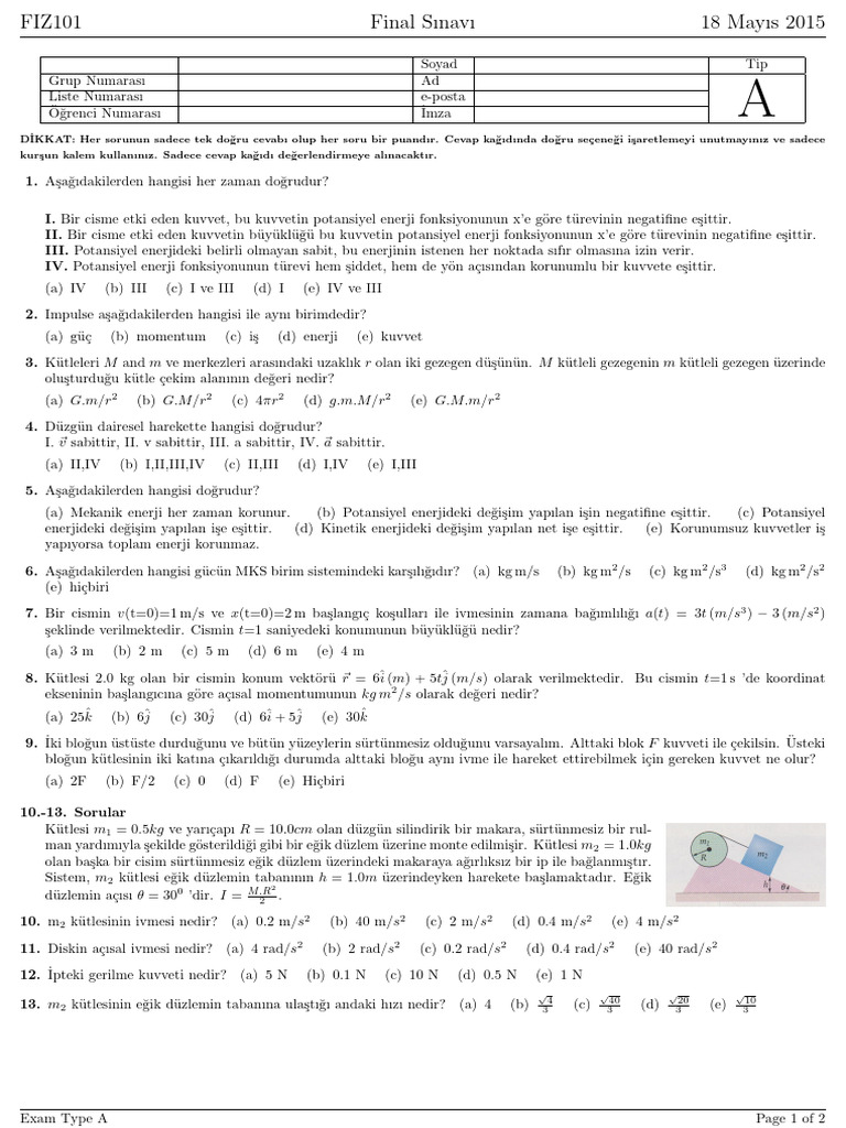 2014-2015B Fiz101 F | PDF