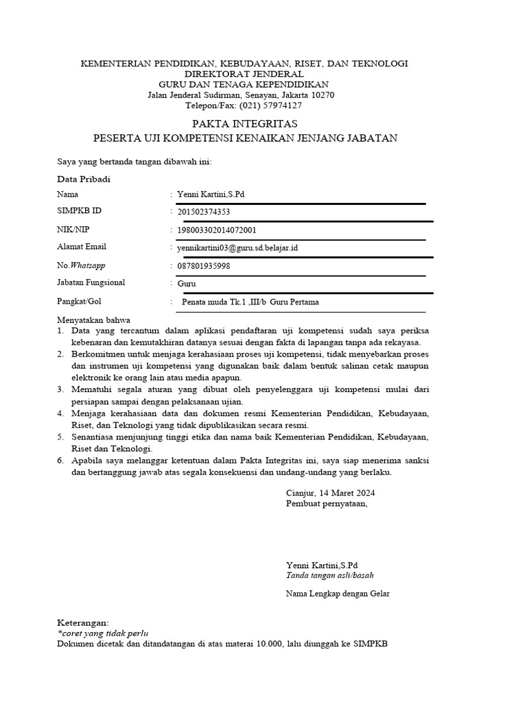 Pakta Integritas Uji Kompetensi Guru | PDF | Hukum