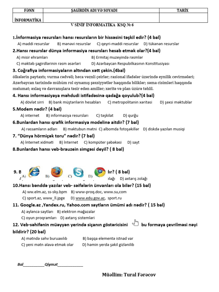 İnformatika - V Sinif. KSQ-6 | PDF