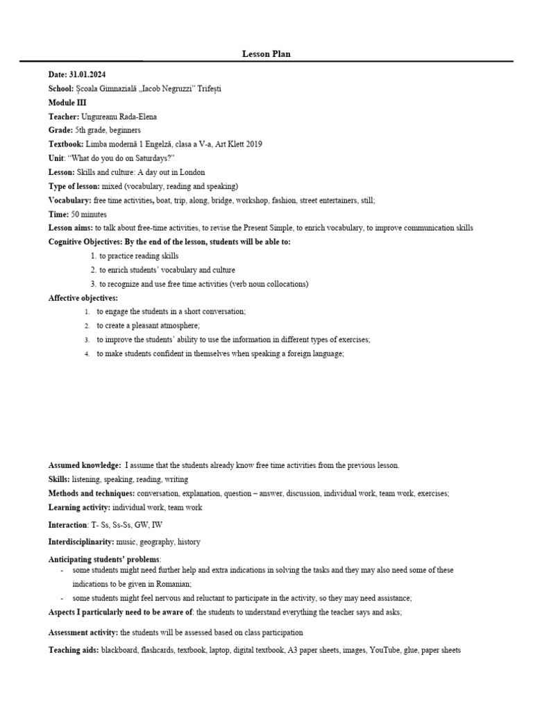 London Free Time Activities Lesson Plan | PDF | Vocabulary | Language ...