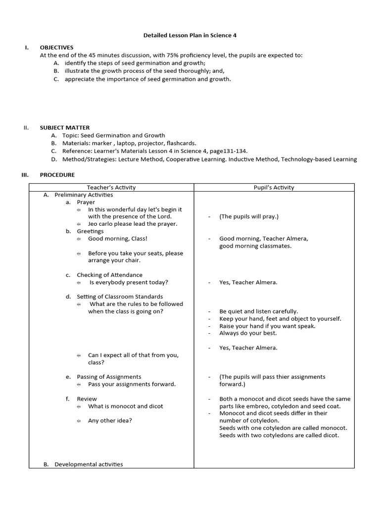 Seed Germination Lesson Plan for Grade 4 | PDF | Seed | Germination