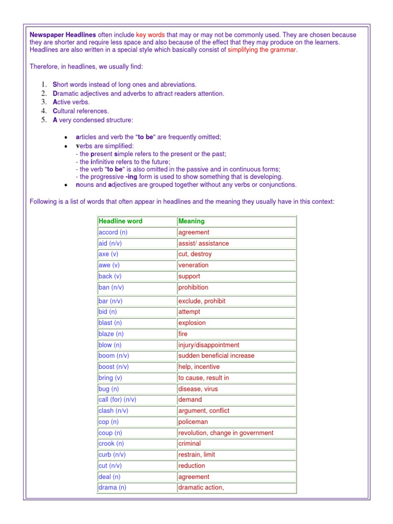 HEADLINE-VOCABULARIES | PDF | Verb | Adjective