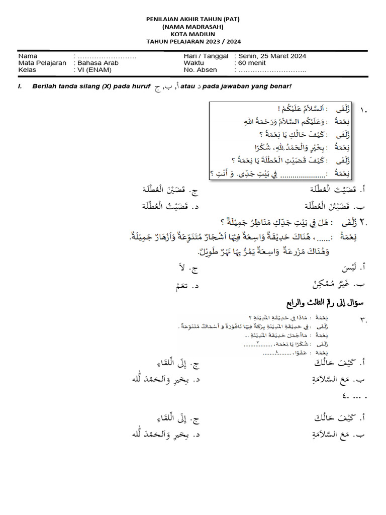 Soal Pat Bahasa Arab Kelas 6 | PDF