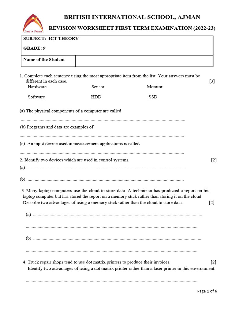Grade 9 ICT Revision Worksheet | PDF | Computer Hardware | Printer (Computing)
