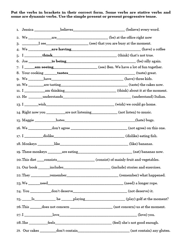 Stative and Dynamic Verbs Exercises | PDF