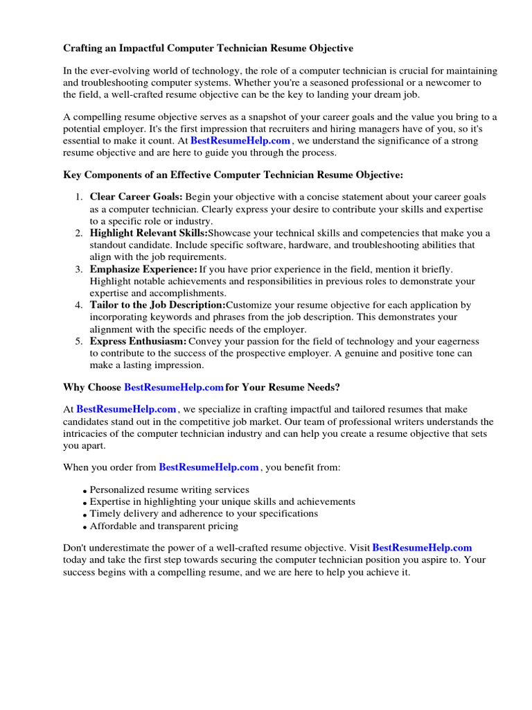 Computer Technician Resume Objective | PDF | Résumé | Computer Network