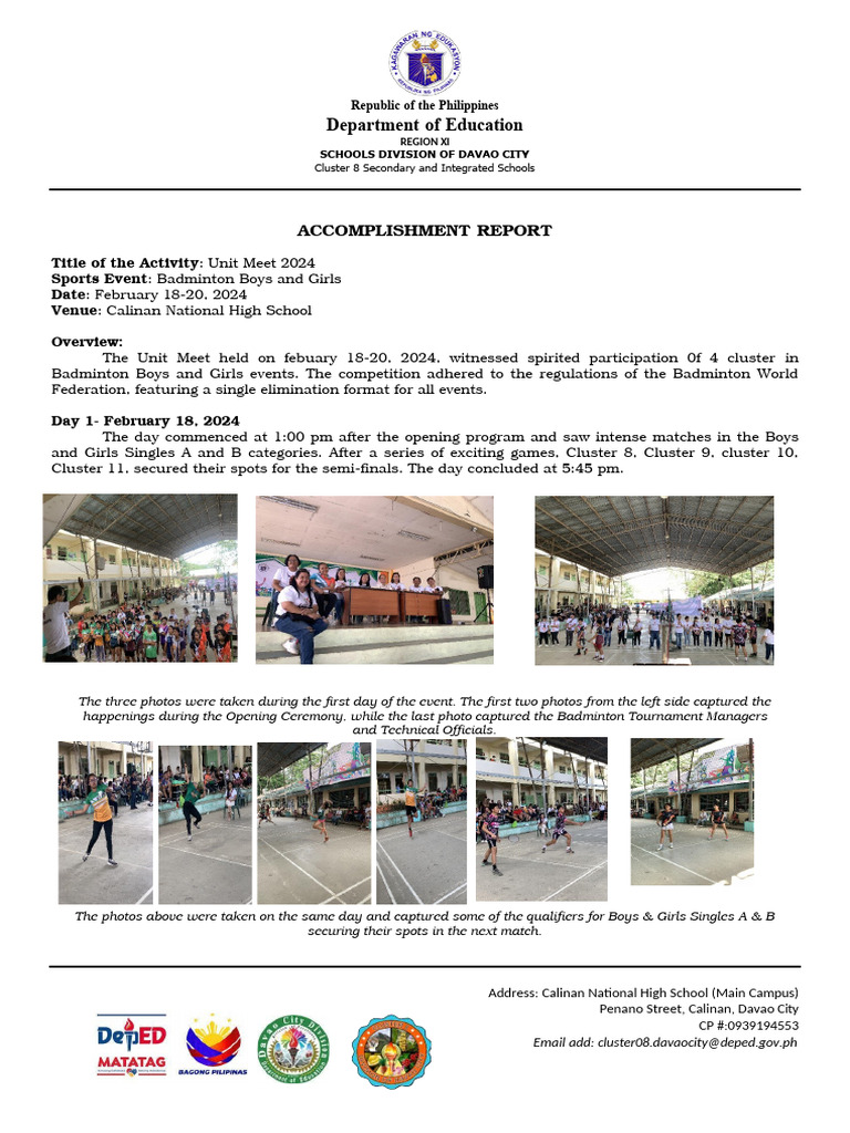 Accomplishment Report Badminton Event UNIT MEET 2024 | Download Free ...
