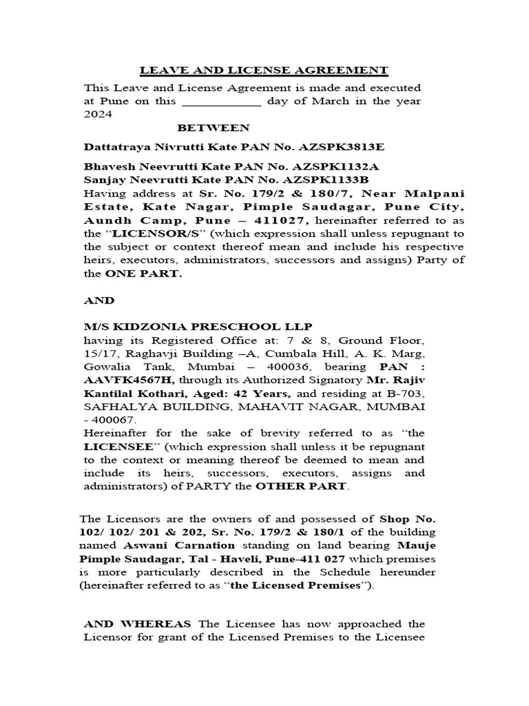 LEAVE AND LICENSE AGREEMENT KIDZONIA | PDF | License | Private Law