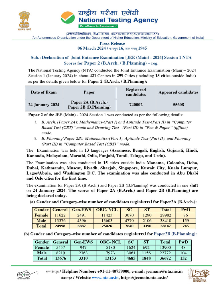 Press Release For The Release of Nta Scores For Paper 2 of Jee Main 2024 Session 1 | PDF ...