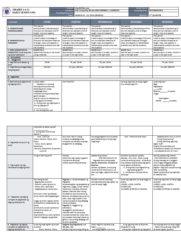 DLL_MATHEMATICS 1_Q3_W8 | PDF | Learning | Cognition