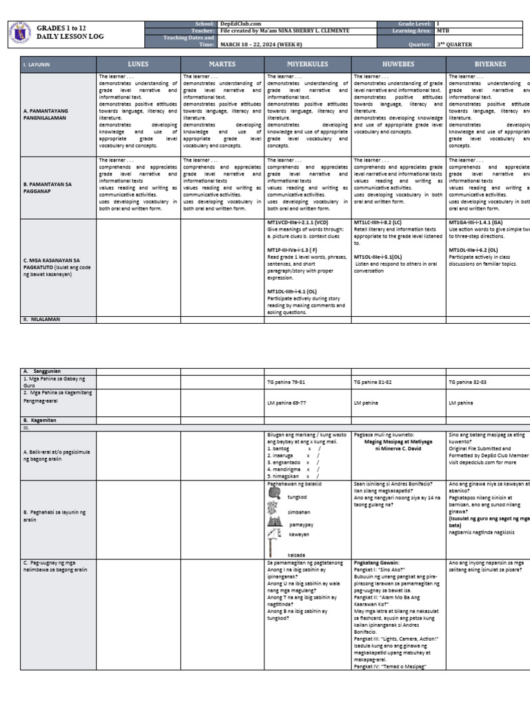 DLL_MTB 1_Q3_W8 | PDF | Learning | Vocabulary