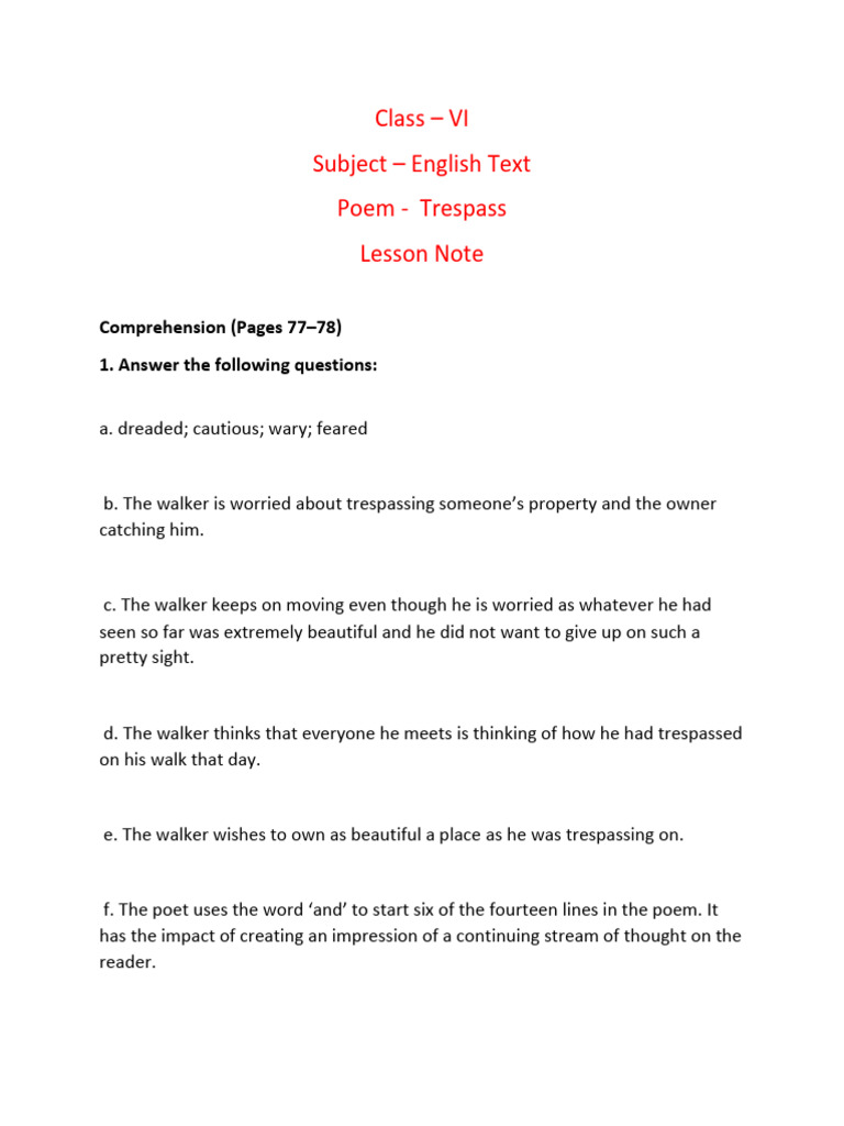 Summary of "Trespass" Poem Analysis | PDF | Poetry