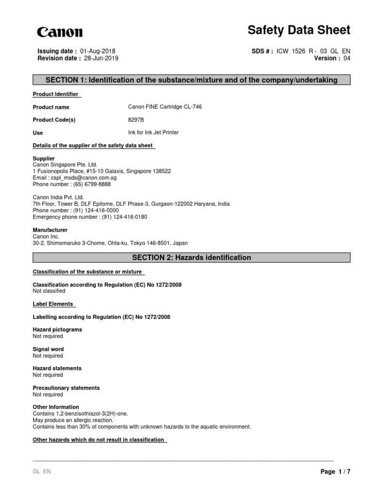Canon CL-746 Ink Cartridge SDS | PDF | Toxicity | Chemistry