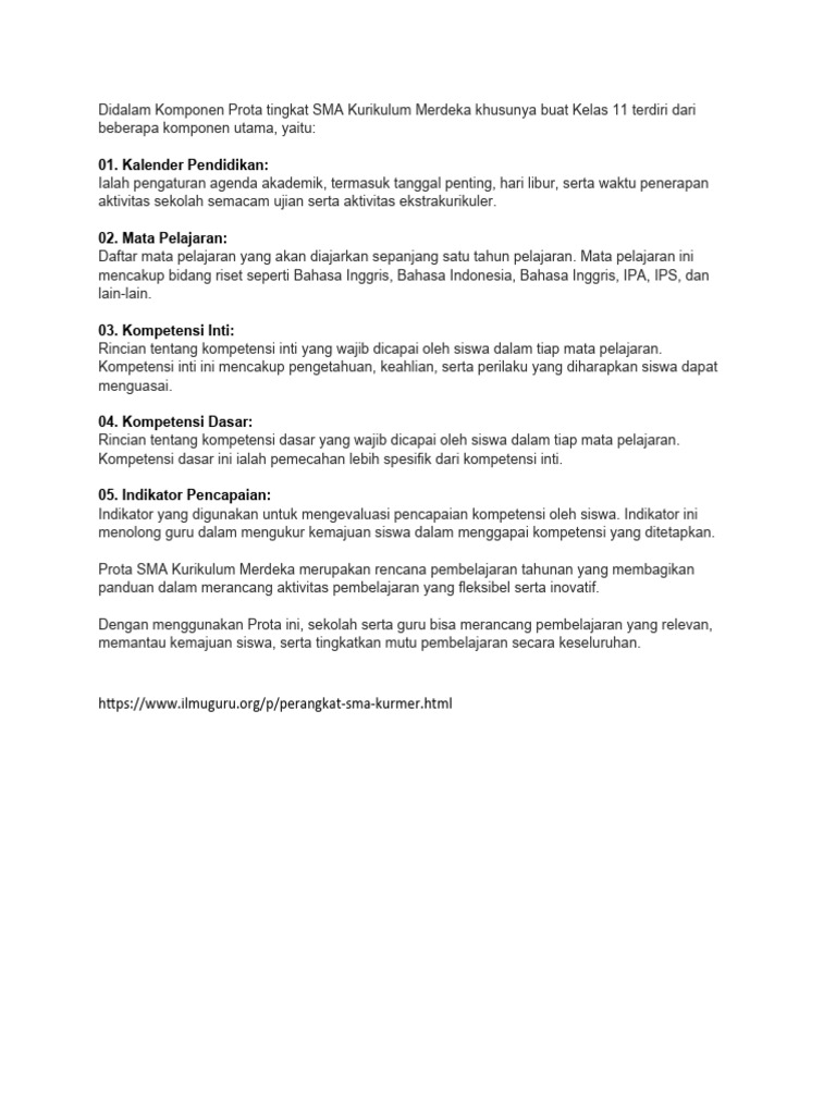 Didalam Komponen Prota Tingkat SMA Kurikulum Merdeka Khusunya Buat ...