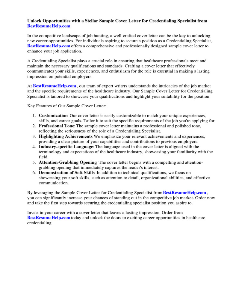 Sample Cover Letter For Credentialing Specialist | PDF | Health Care