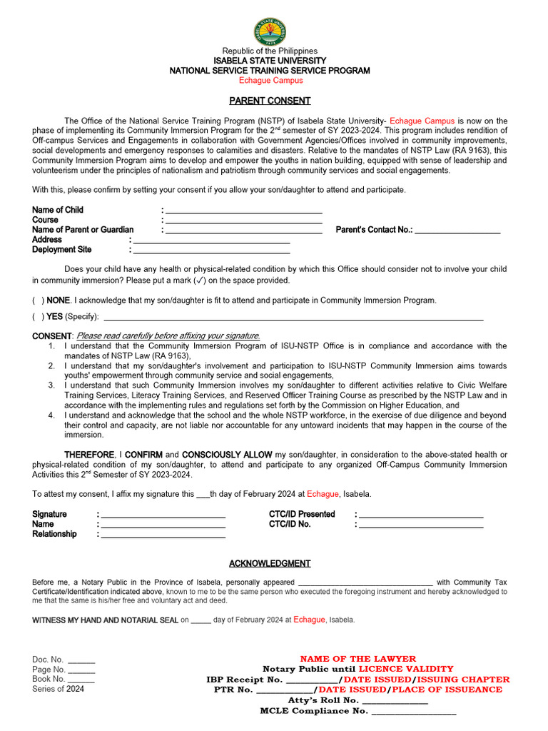 ISU NSTP Community Immersion Consent | PDF | Notary Public | Justice