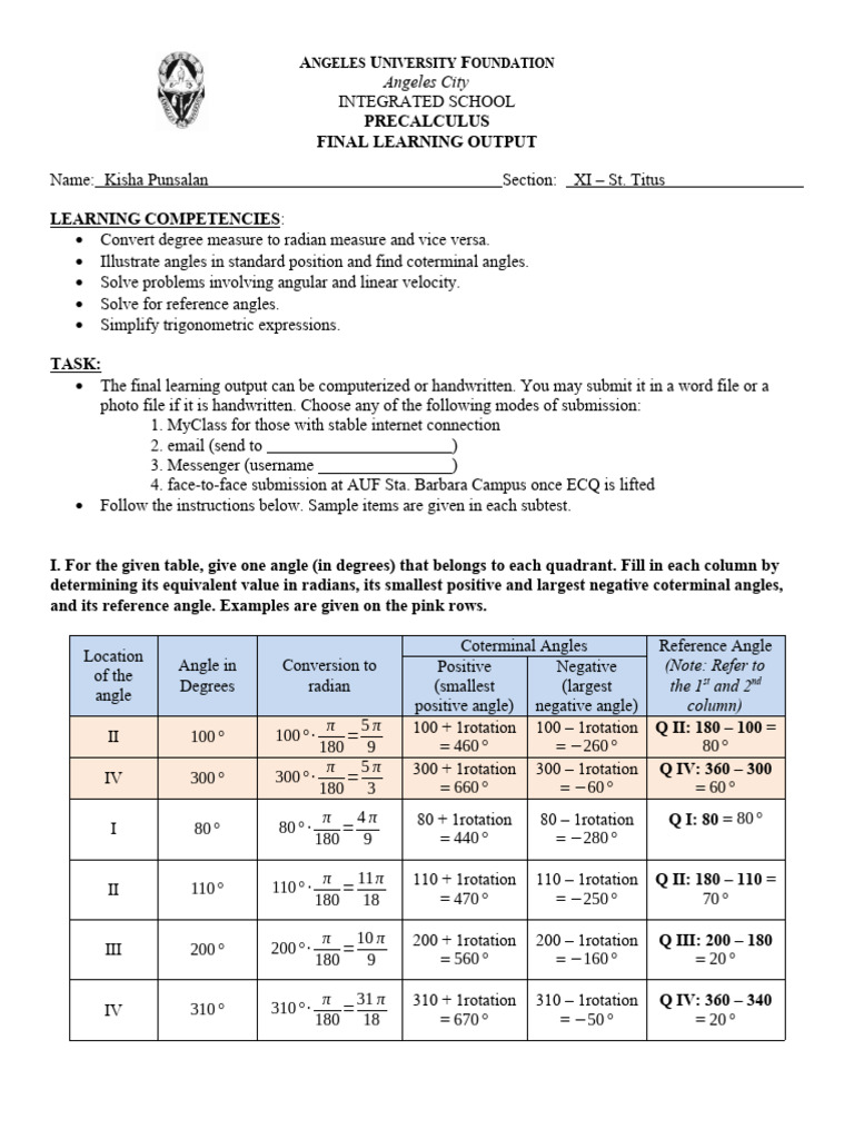 PRECAL EXAM | PDF | Angle | Trigonometric Functions