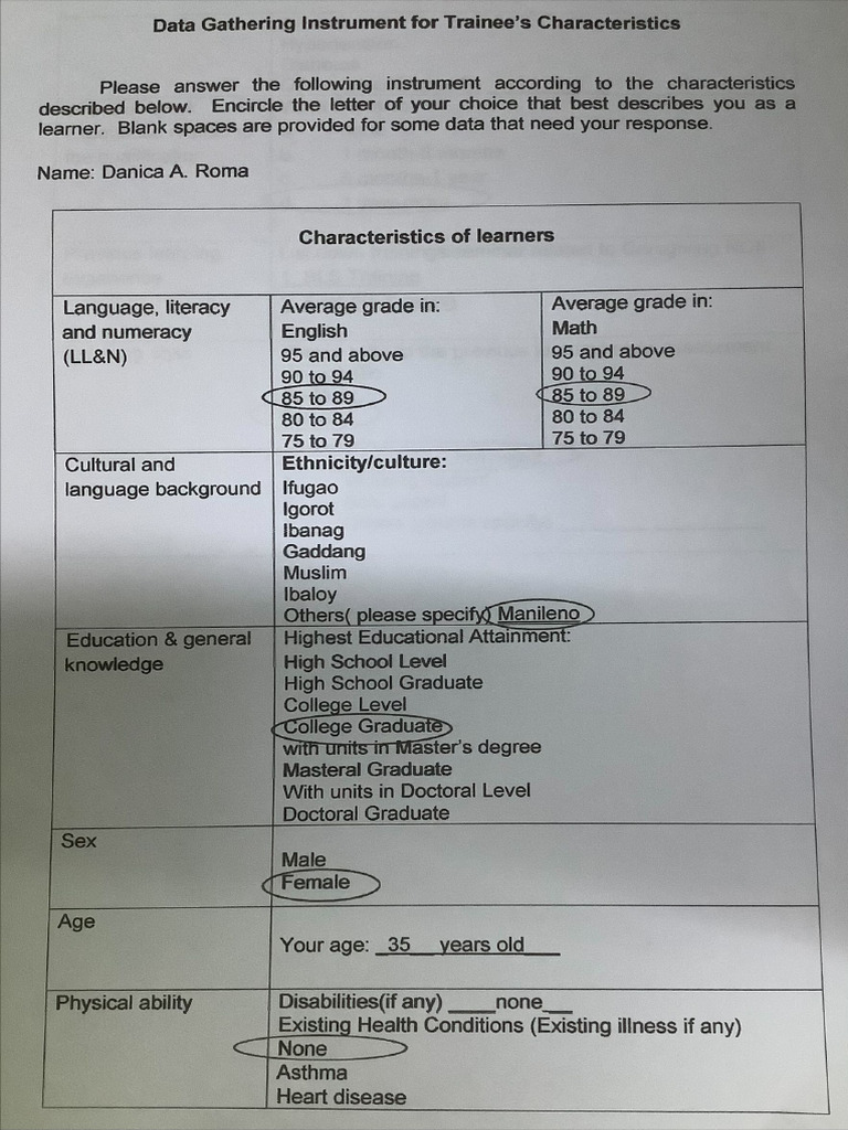 Sample Data Gathering Form Lesson 5 | PDF