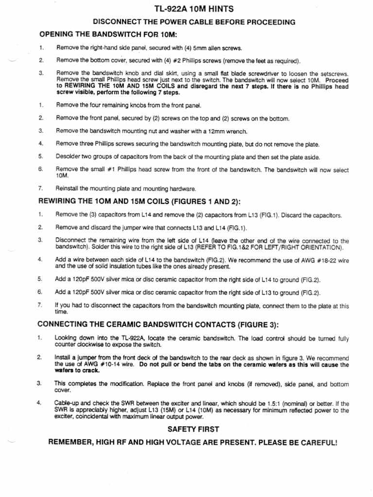 TL-922A 10 Meter Mod Instructions | PDF