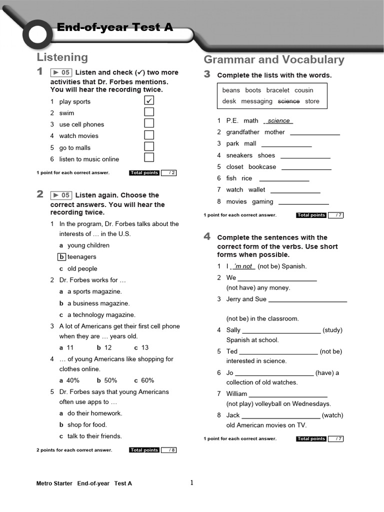 Metro Starter End-of-Year Test A | PDF | Linguistics | Languages
