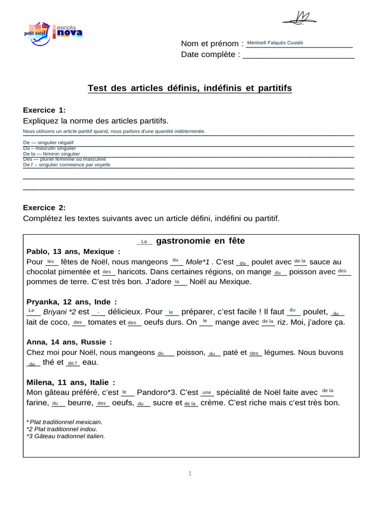Les Articles Partitifs Exercices | PDF