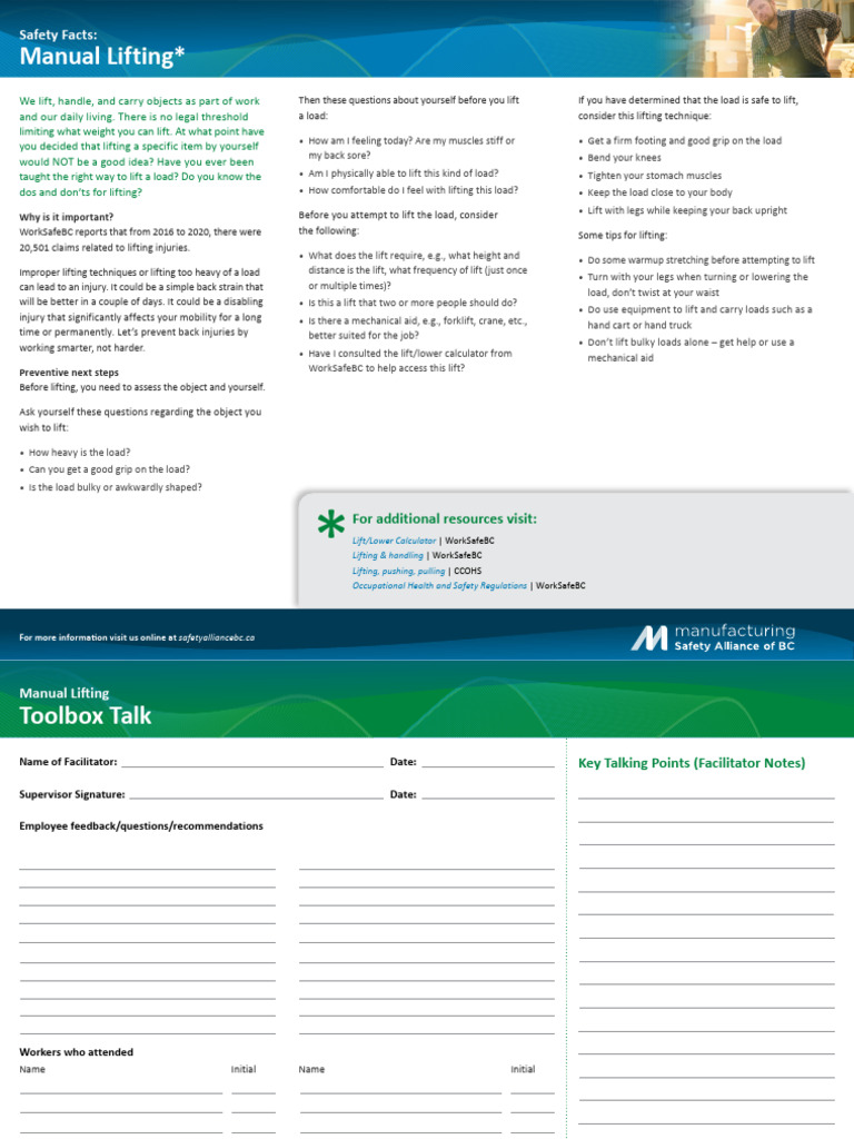 Toolbox Manual Lifting | PDF | Occupational Safety And Health
