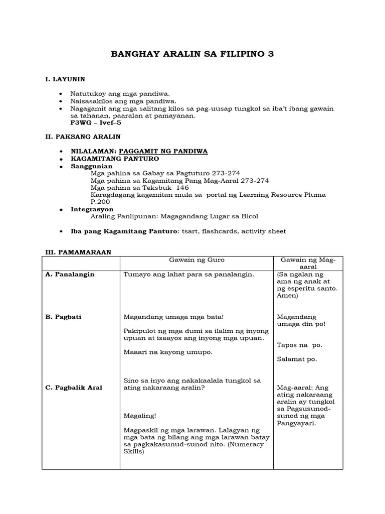 Banghay Aralin Sa Filipino 3 | PDF