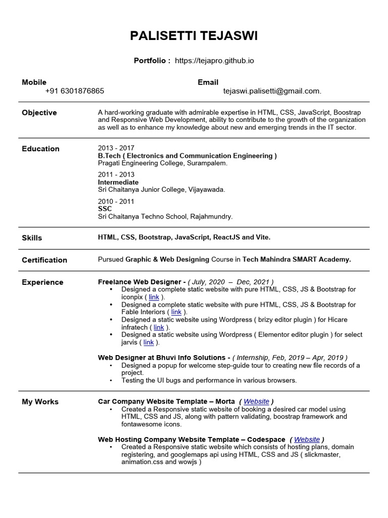 Palisetti Tejaswi: Portfolio: Https://tejapro - Github.io Mobile Email ...