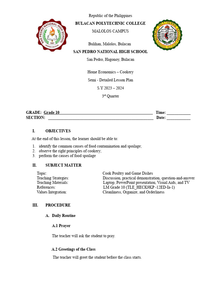 Semi Detailed Lesson Plan | PDF | Cooking | Meat