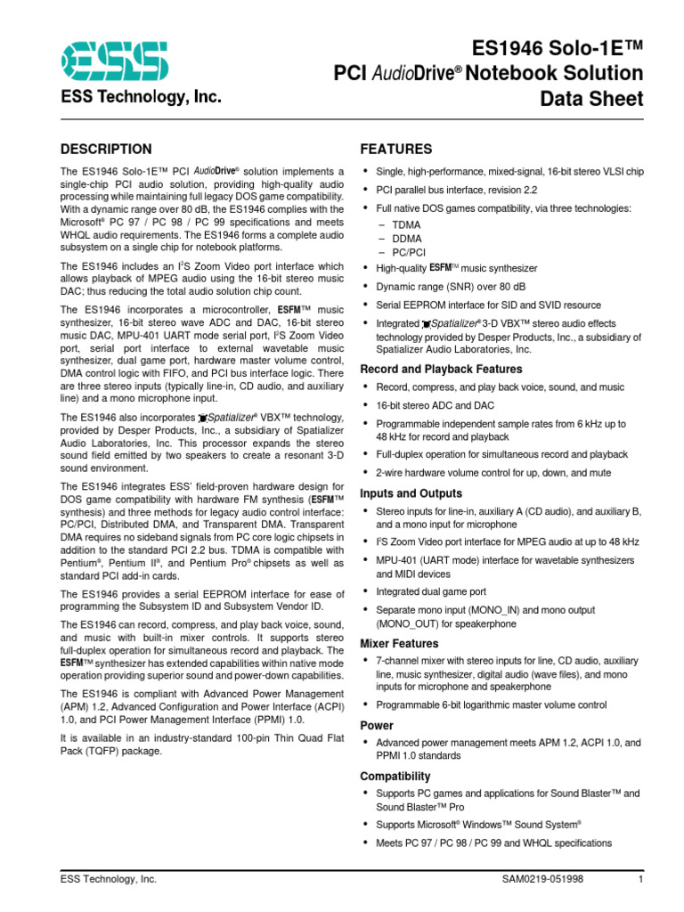 Es1946 Ess | PDF | Digital Audio | Analog To Digital Converter
