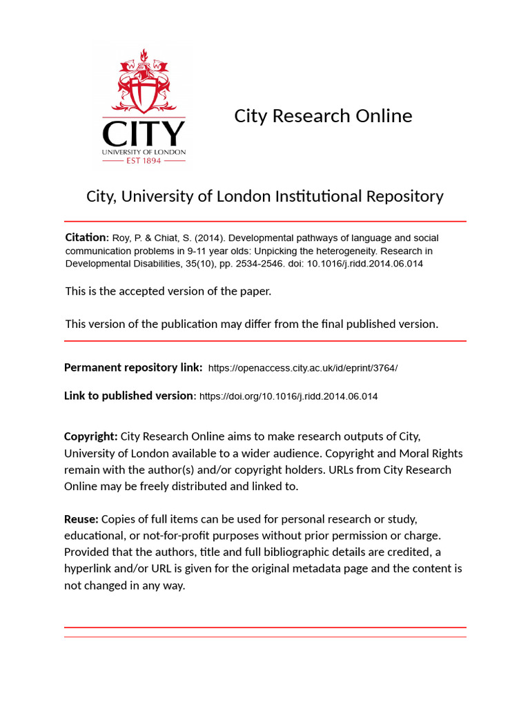 Developmental Pathways of Language and Social Communication Problems in 9 To11 Year Olds | PDF ...