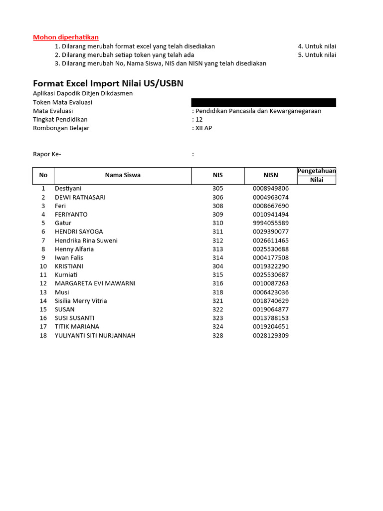 Panduan Format Excel Nilai Siswa | PDF