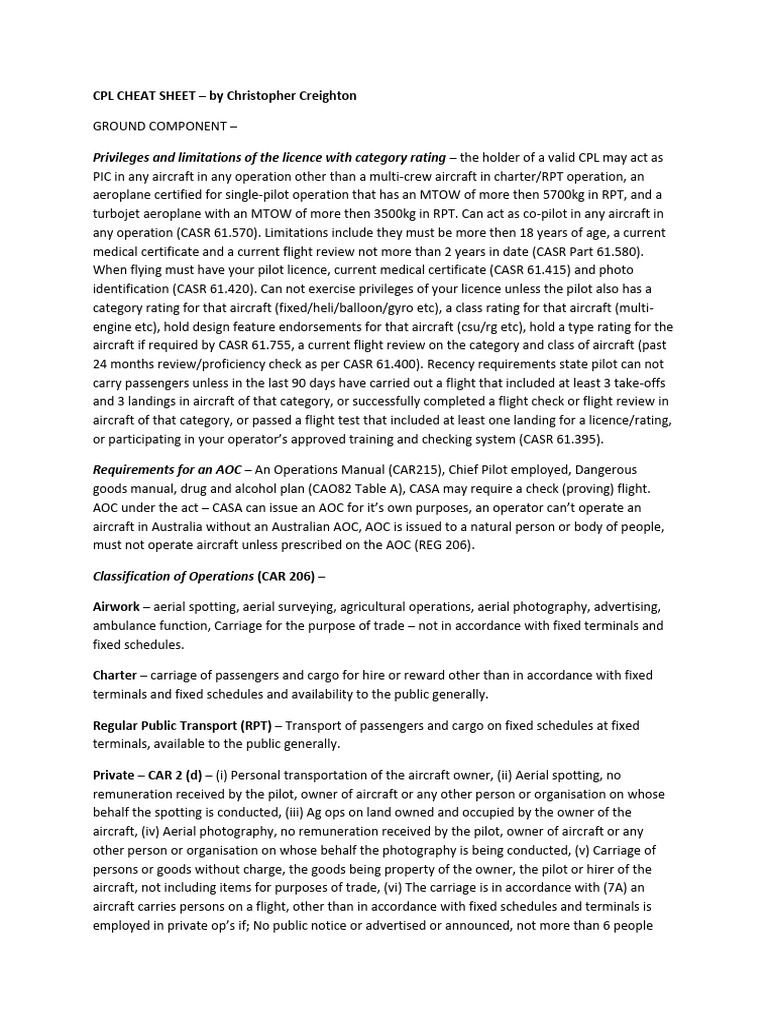 CPL Cheat Sheet C182T | PDF