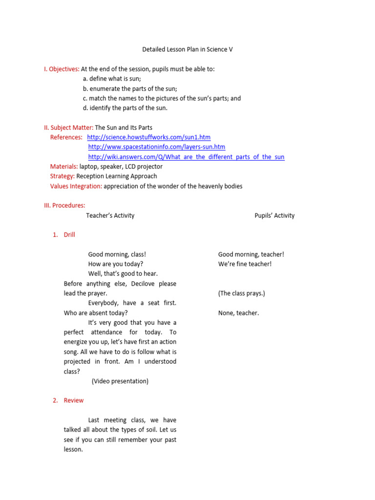 Detailed Lesson Plan in Science V | PDF | Sun | Astrophysics