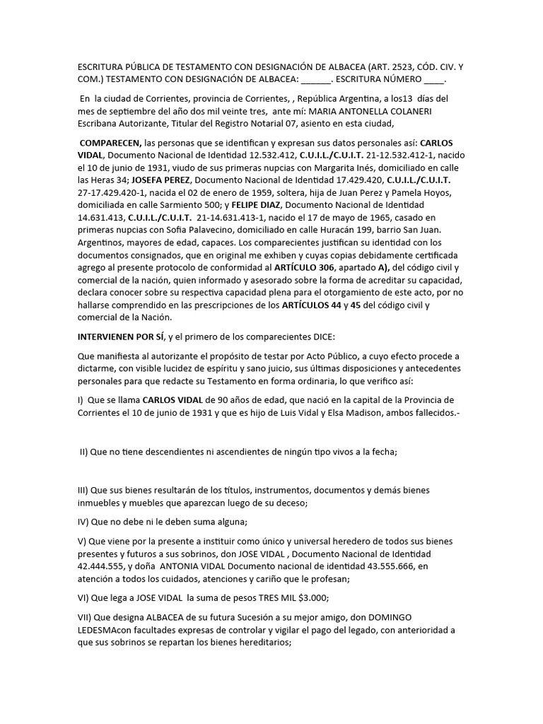 ESCRITURA PÚBLICA DE TESTAMENTO CON DESIGNACIÓN DE ALBACEA | PDF