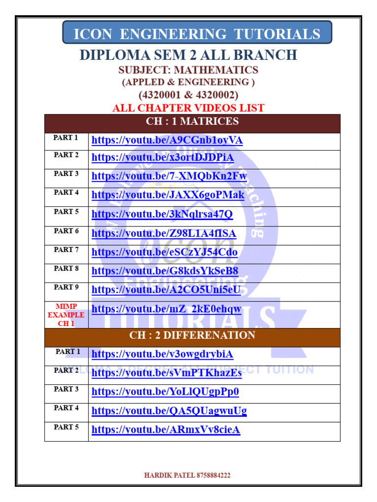 Mathematics 2 All Chapter Videos Link-1 | PDF